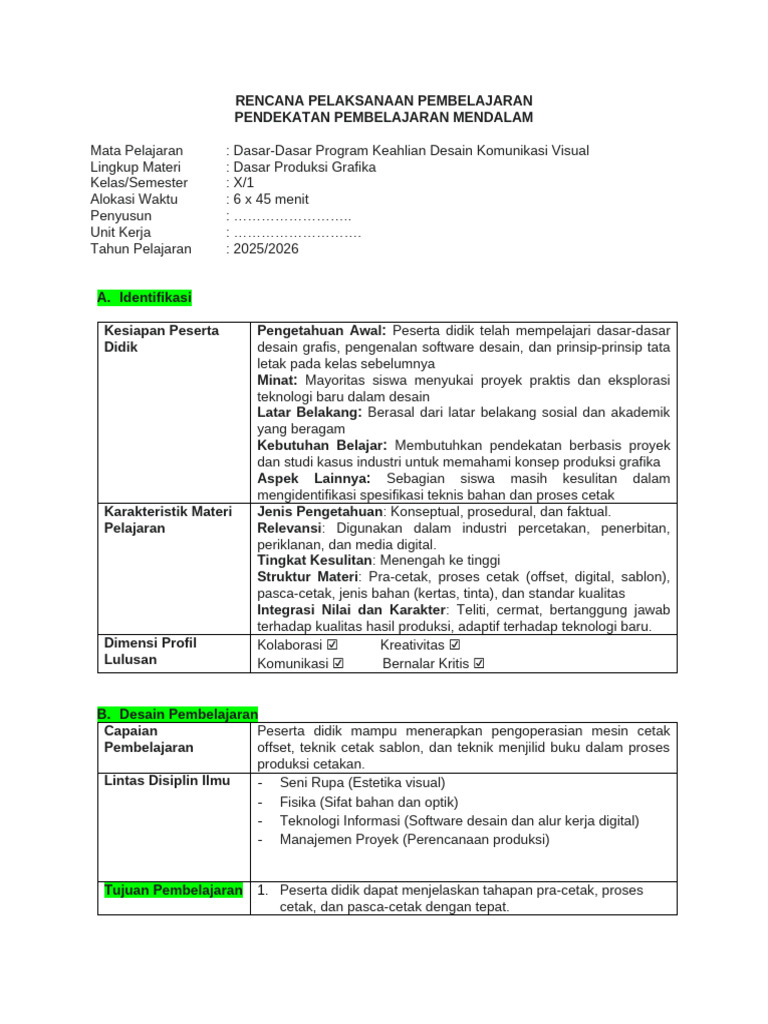 Perencanaan Pembelajaran Mendalam Dasar-Dasar DKV | PDF