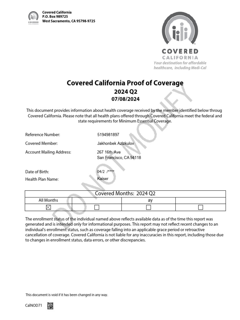 Covered California Proof of Coverage 2024 | PDF