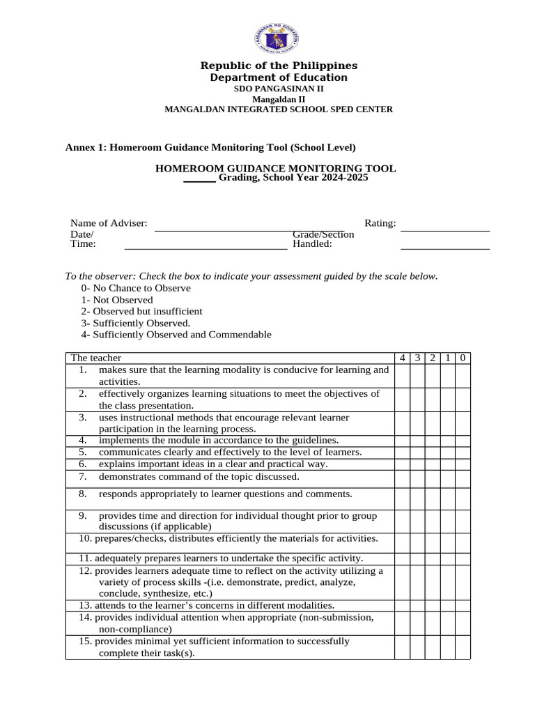 Annex 2 HG Monitoring Tool - Quarterly | PDF | Learning | Teachers