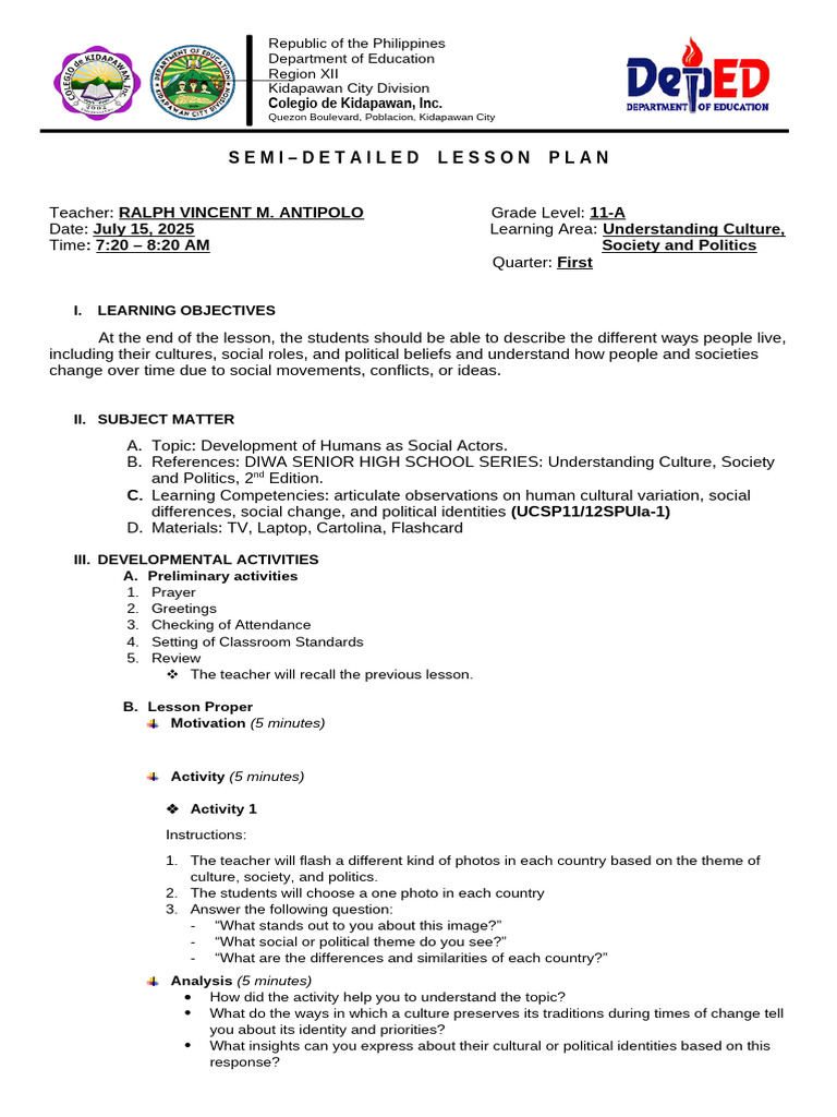 Lesson Plan on Culture and Society | PDF | Gender | Gender Studies