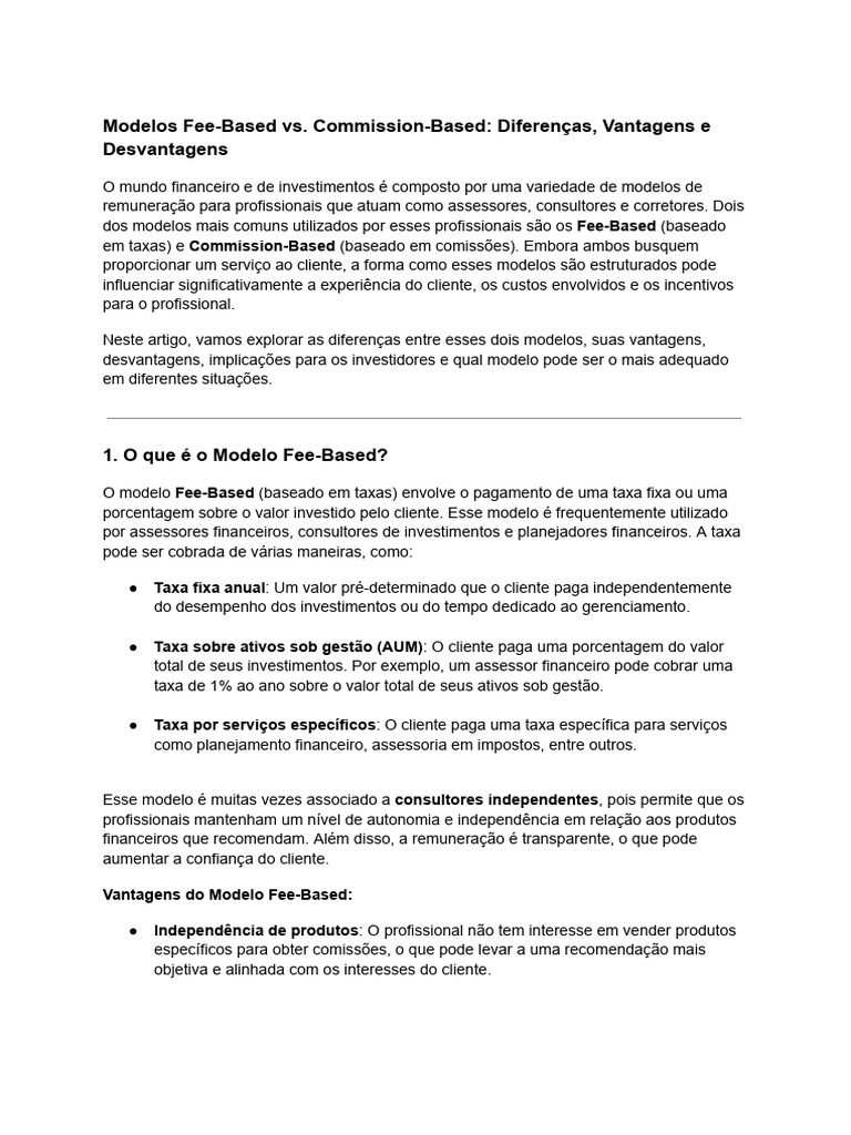 Modelos Fee-Based e Commission-Based | PDF | Custo | Fundos mútuos