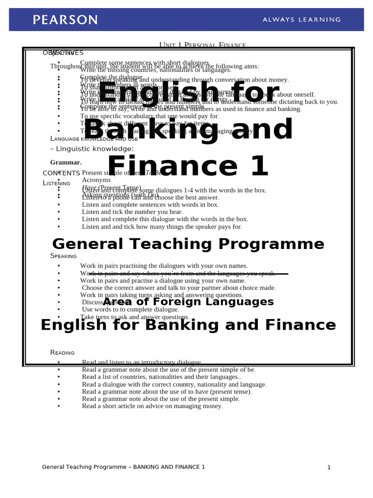 English for Banking and Finance 1 Guide | PDF | Vocabulary | English ...