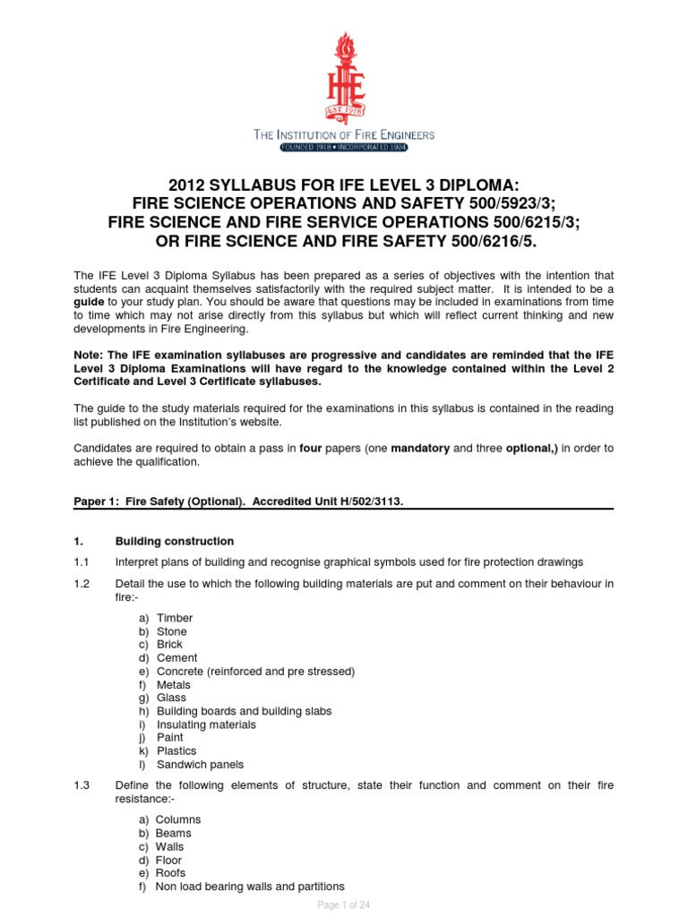 2012 IFE L3 Diploma Syllabus | PDF | Fire Engine | Occupational Safety ...
