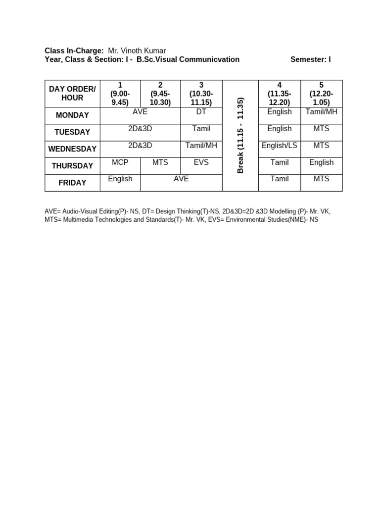 B.Sc. Visual Communication Class Schedule | PDF