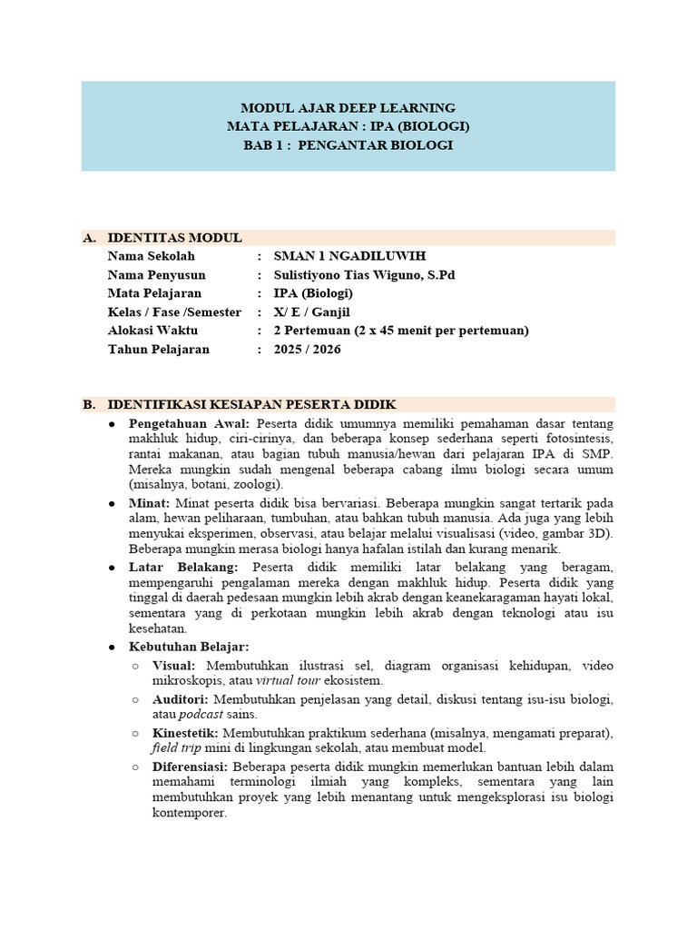 Modul Ajar Deep Learning Biologi Kelas 10 | PDF