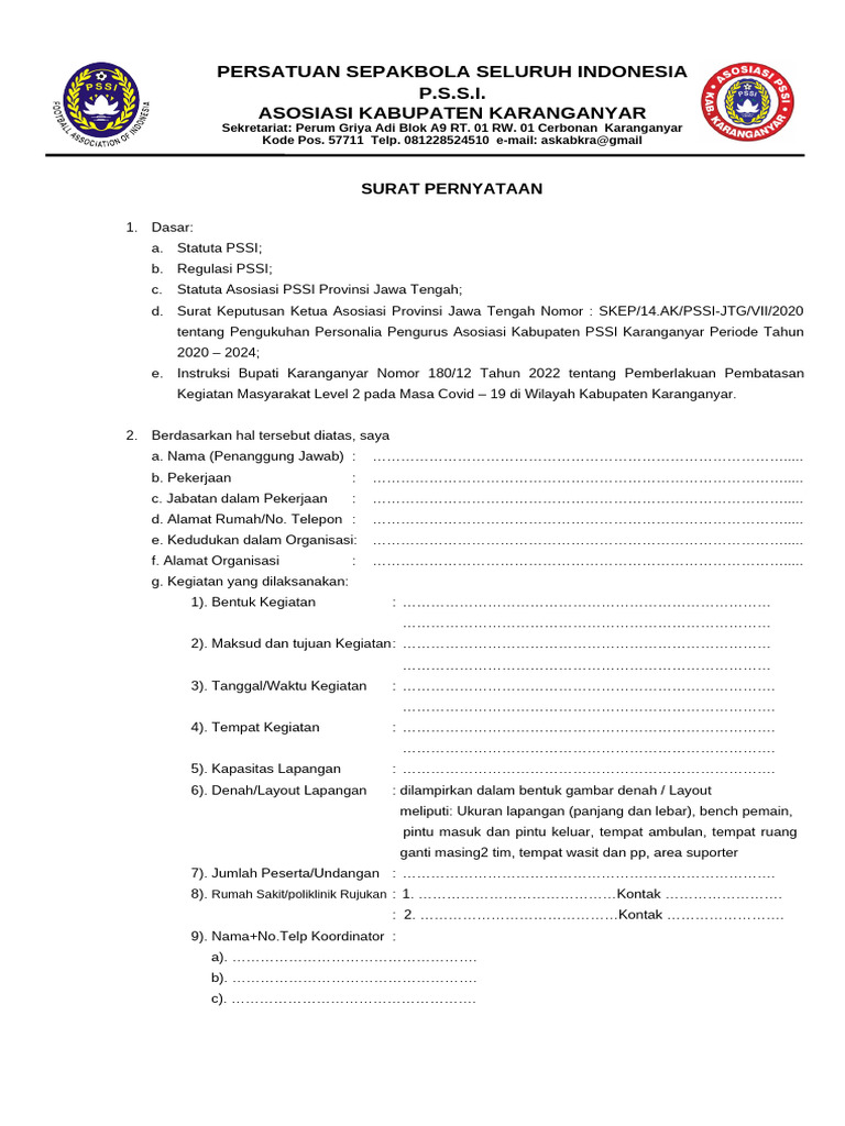Pernyataan Turnamen Sepakbola-Kelengkpana Pengajuan Surat Rekomendasi | PDF