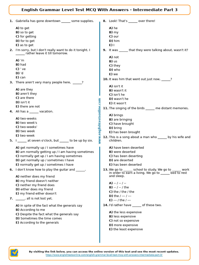English Grammar Test: Intermediate MCQs | PDF | Chess Openings | Chess ...