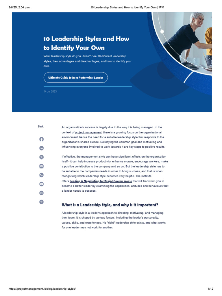 10 Leadership Styles and How To Identify Your Own - IPM | PDF | Leadership | Transformational ...