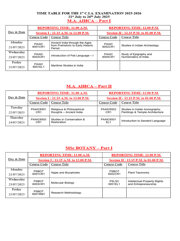 Time Table For CIA - July 2025 (PG) | PDF | Astrophysics | Physics