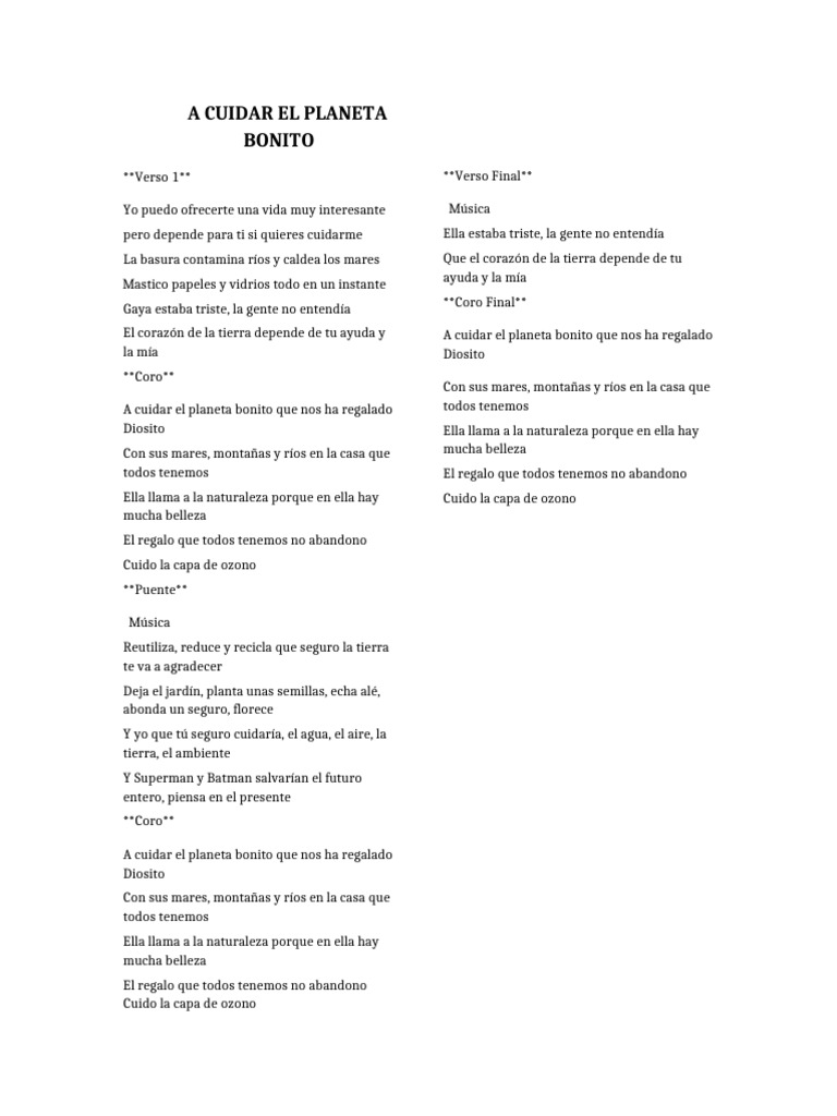 A Cuidar El Planeta Bonito Letra | PDF