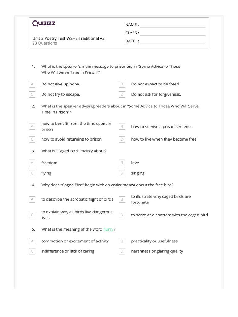 Unit 3 Poetry Test WSHS Traditional V2 | PDF