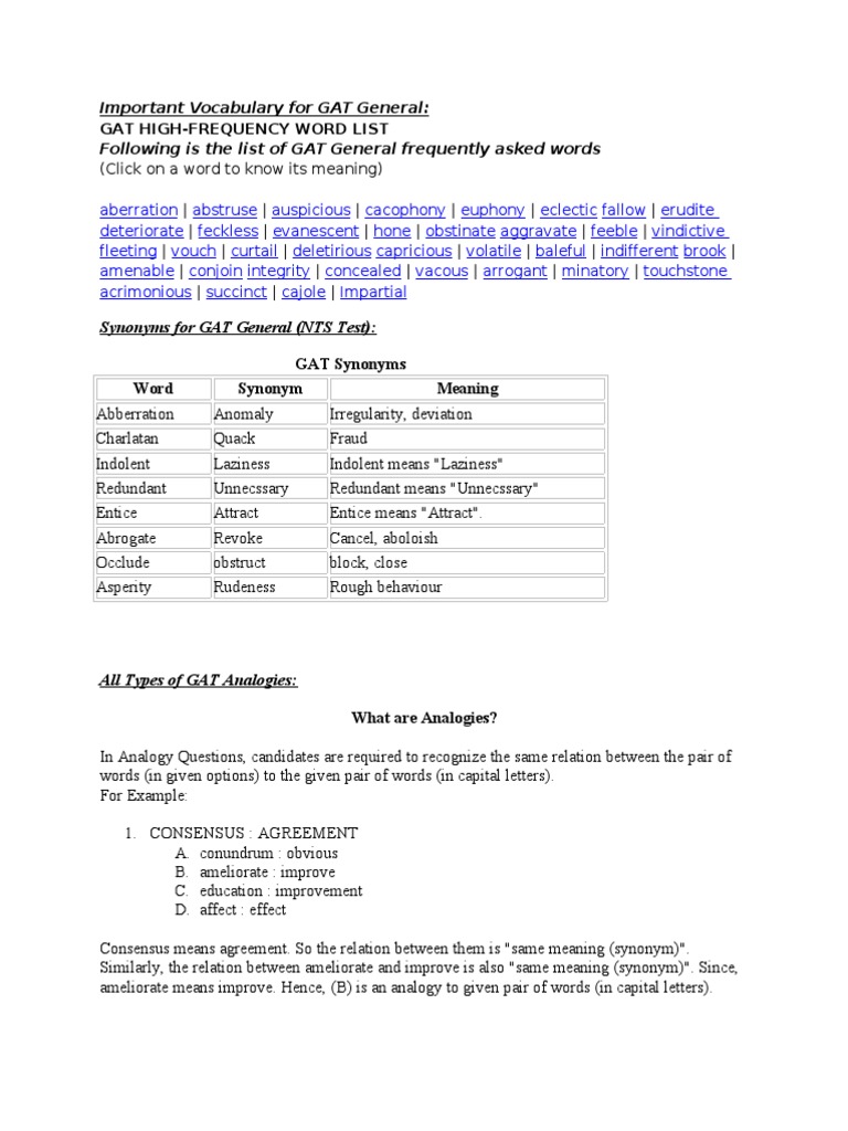 Important Vocabulary and Practice For GAT General | PDF | Business