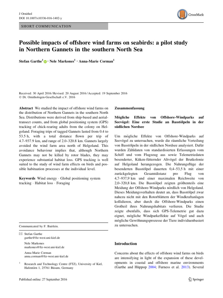 Possible Impacts of Offshore Wind Farms On Seabirds: A Pilot Study in ...