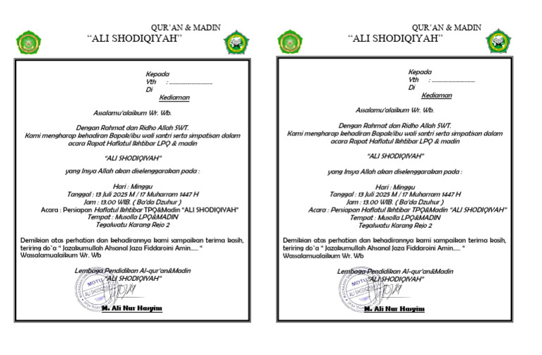 Undangan TPQ Ali Shodiqiyah 2025 | PDF
