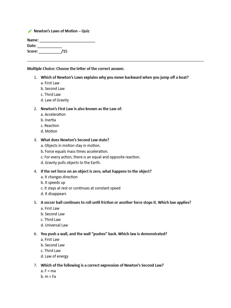 Newton's Laws of Motion - Quiz | PDF | Force | Newton's Laws Of Motion