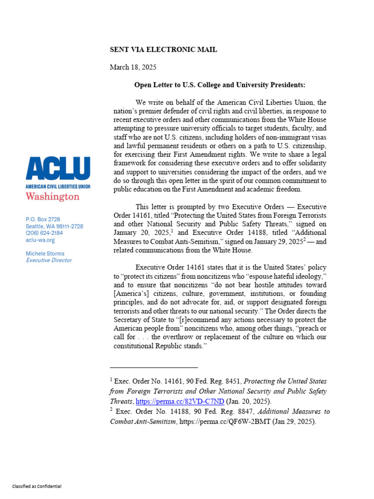 ACLU's Open Letter on Academic Freedom | PDF | First Amendment To The ...