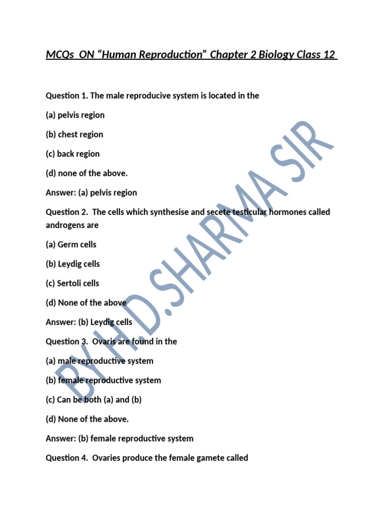 Human Reproduction MCQs for Class 12 | PDF | Reproductive System ...