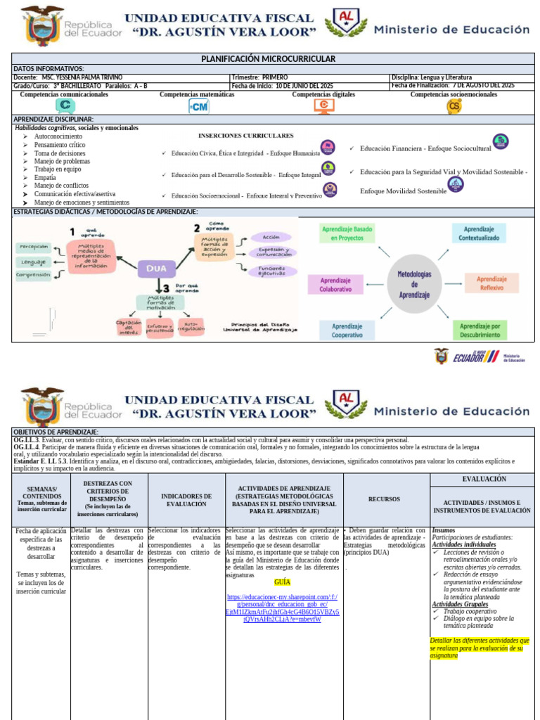 Planificación Microcurricular Dua Modelo | PDF | Aprendizaje | Evaluación