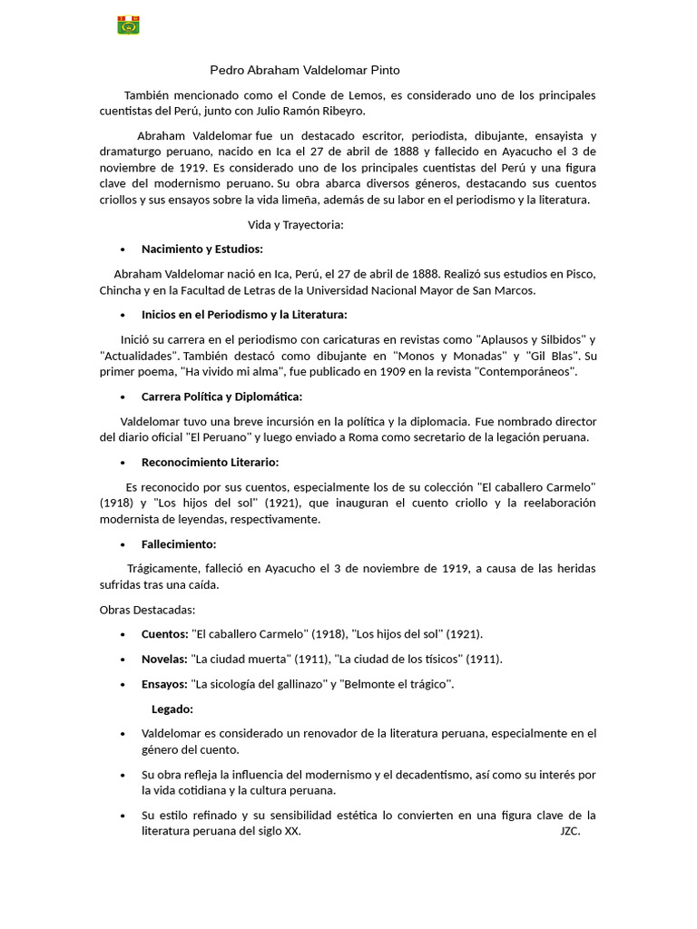 Pedro Abraham Valdelomar: Cuentista Peruano | PDF | Escritura