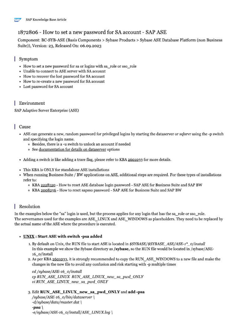 Note 1872806 - How To Set A New Password For SA Account - SAP ASE | PDF