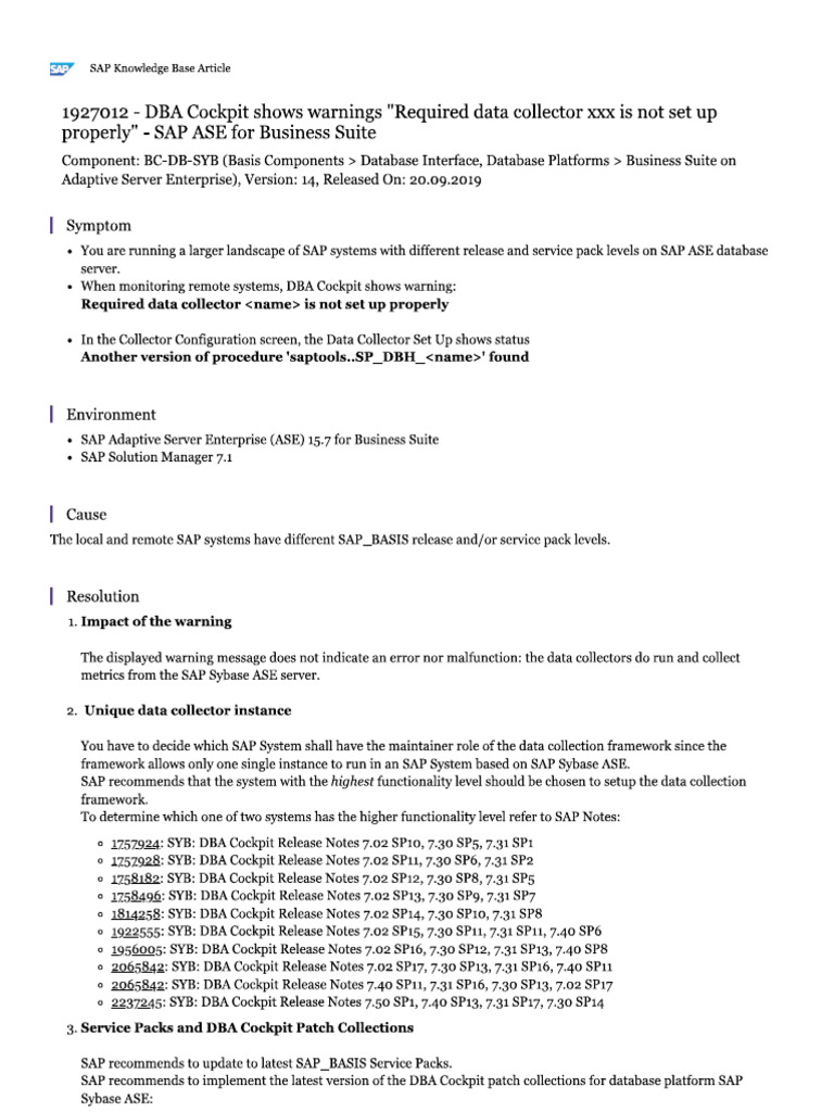 Note 1927012 - DBA Cockpit Shows Warnings Required Data Collector XXX ...