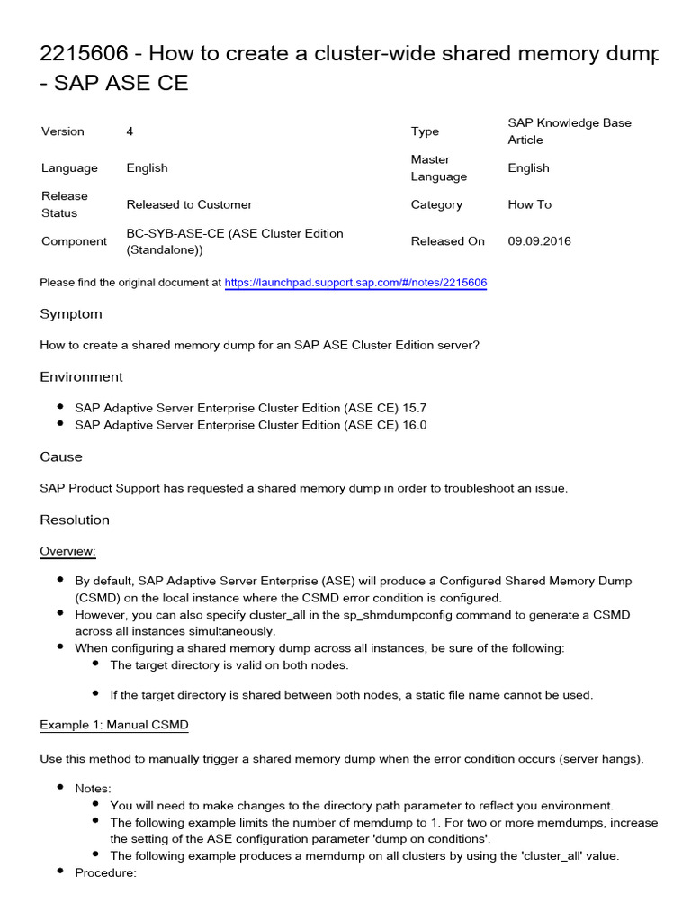 Note 2215606 - How To Create A Cluster-Wide Shared Memory Dump - SAP ASE CE | PDF | Computer ...