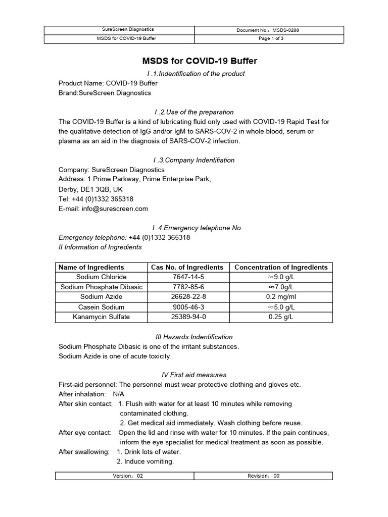 MSDS-0288 MSDS For COVID-19 Buffer | PDF | Sodium | Medical Specialties