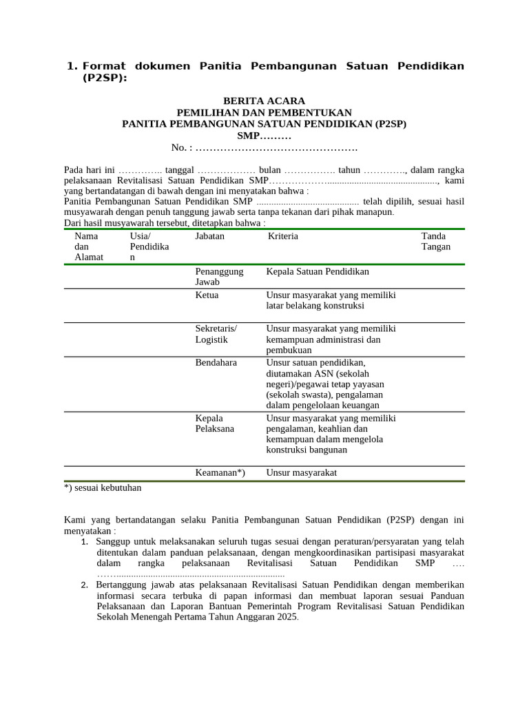 Format Dokumen Panitia Pembangunan Satuan Pendidikan | PDF