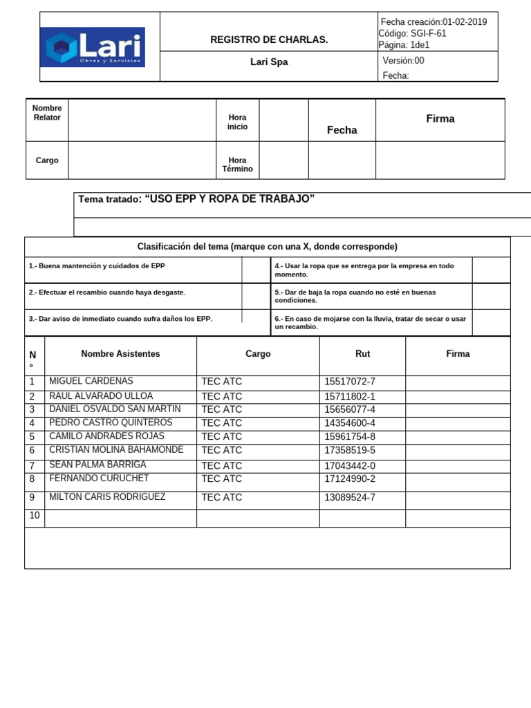 Charla Especifica - Uso Epp | PDF