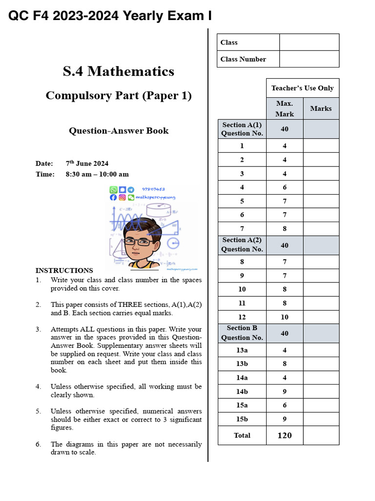 S.4 Mathematics Yearly Exam 2023-2024 | PDF | Elementary Mathematics ...