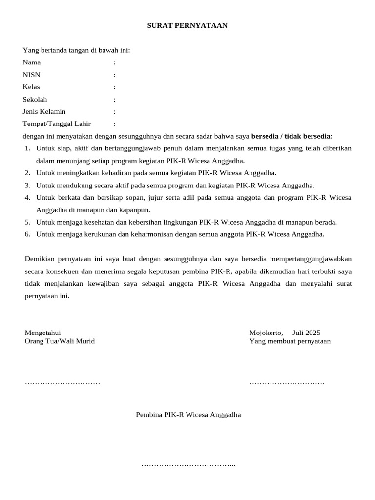 SURAT PERNYATAAN Kesanggupan PIK-R | PDF