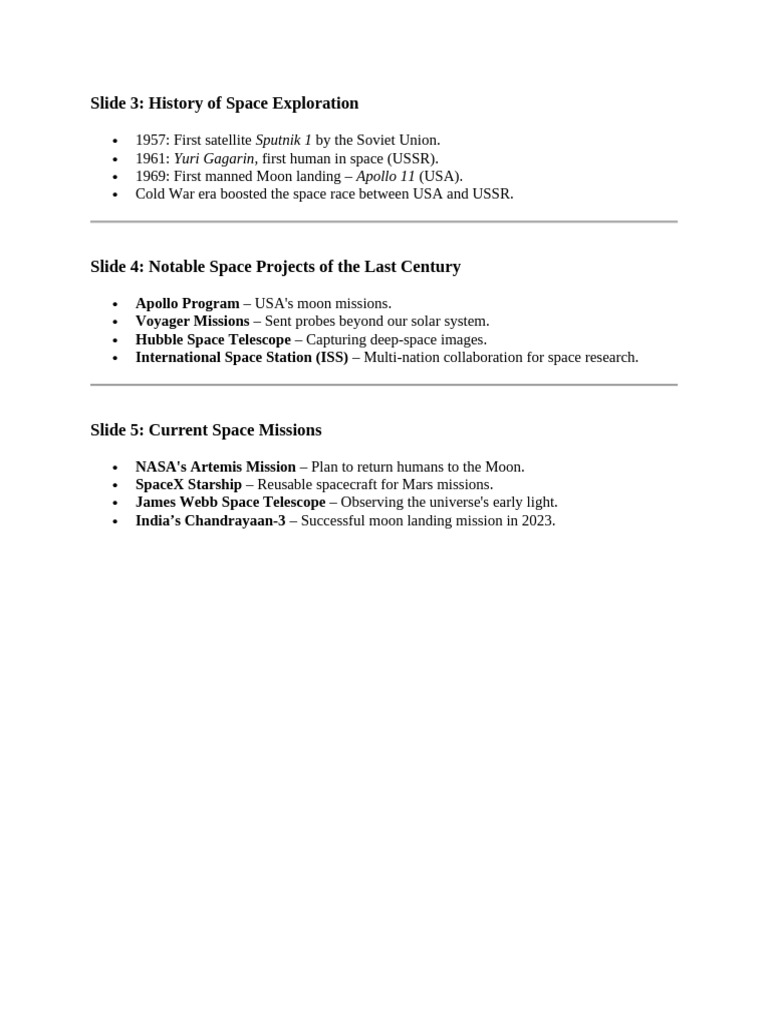 Slide 3: History of Space Exploration: Sputnik 1 Yuri Gagarin Apollo 11 ...
