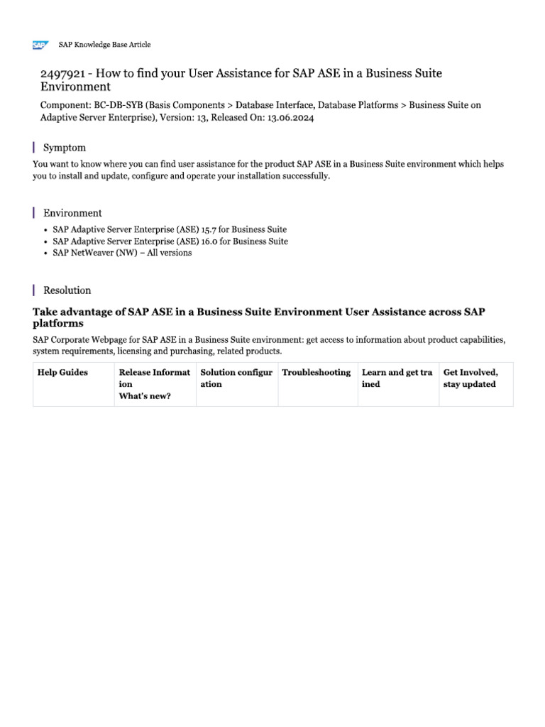 Note 2497921 - How To Find Your User Assistance For SAP ASE in A ...