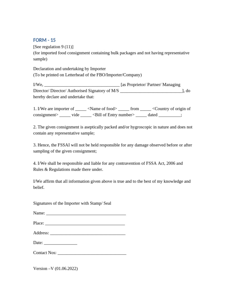 FSSAI Form 15 Importer Declaration | PDF