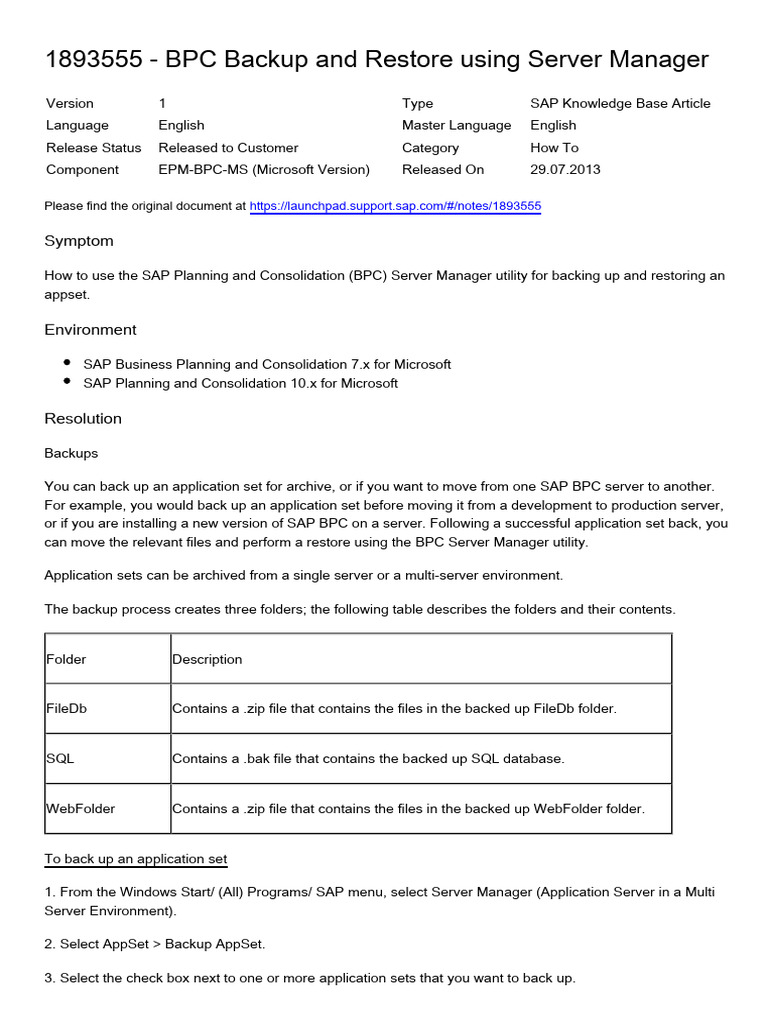 Note 1893555 - BPC Backup and Restore Using Server Manager | PDF | Computer File | Microsoft Sql ...