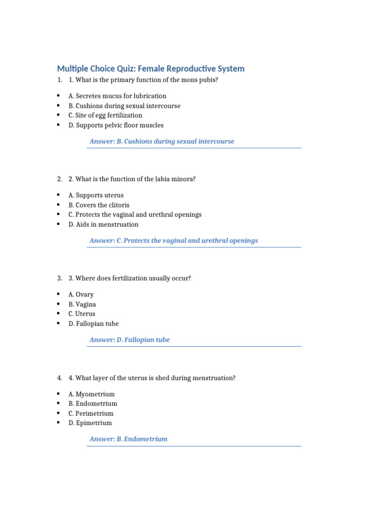 Female Reproductive System Quiz | PDF