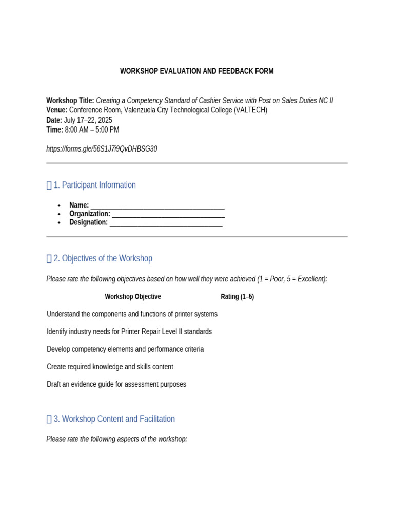 JDV Tm2 Cs Workshop Evaluation and Feedback Form | PDF