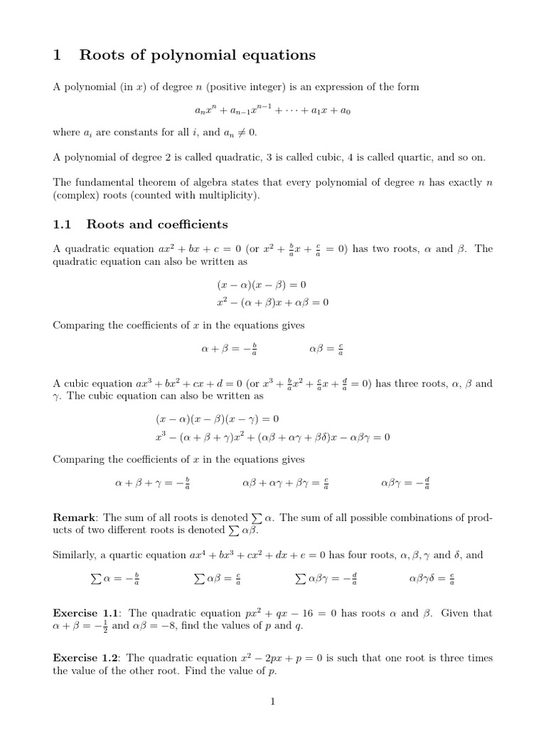 1 Roots of Polynomial Equations | PDF | Polynomial | Zero Of A Function