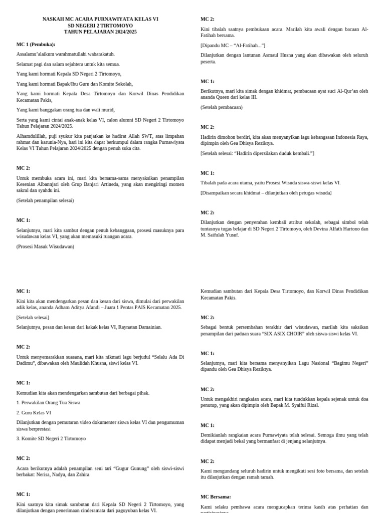 Naskah MC Acara Purnawiyata Kelas Vi | PDF