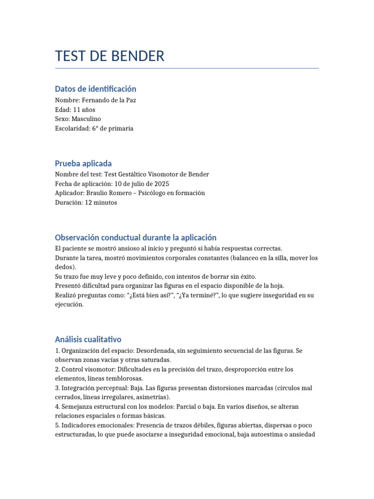 Resultados del Test de Bender en Niño | PDF