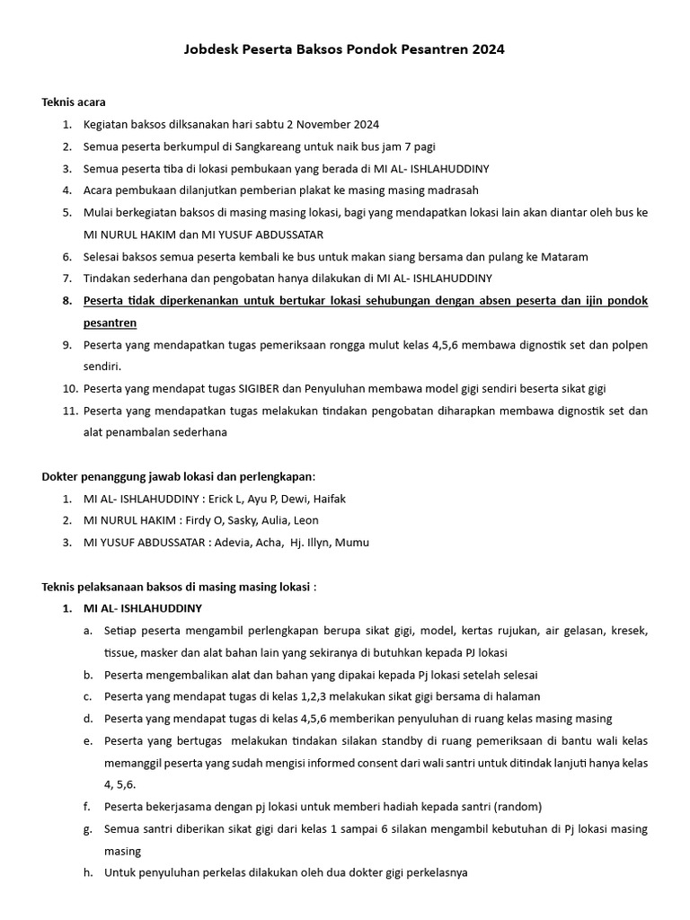 Jobdesk Baksos Pondok Pesantren 2024 | PDF