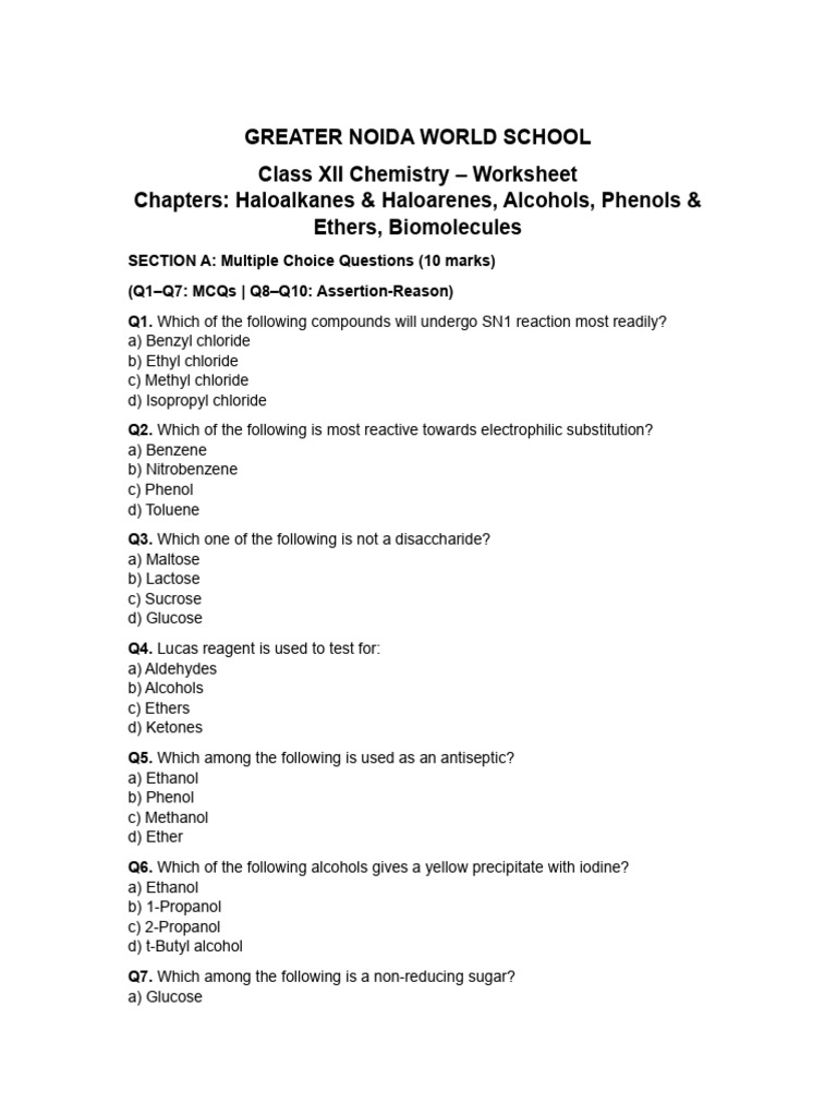 Chemistry Revision Worksheet Xii - July'25 | PDF | Ether | Organic ...