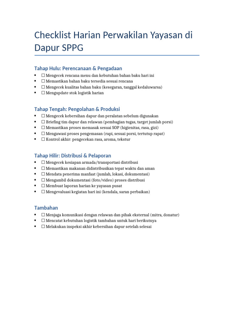 Checklist Harian Pewakilan Yayasan Dapur SPPG | PDF