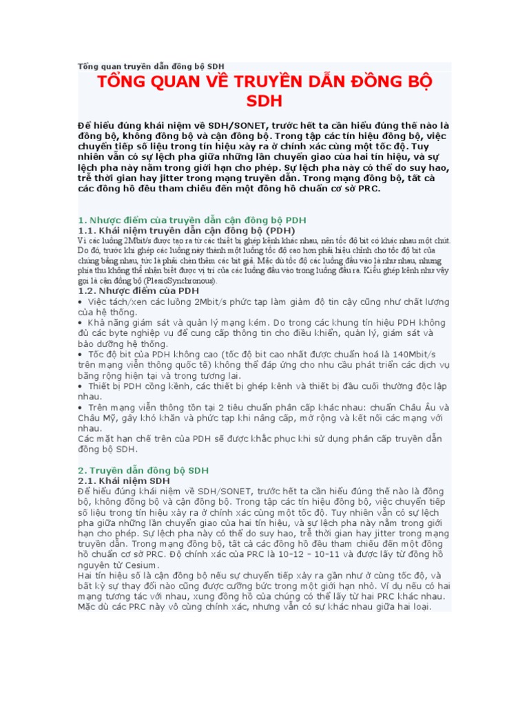Tổng quan truyền dẫn đồng bộ SDH | PDF