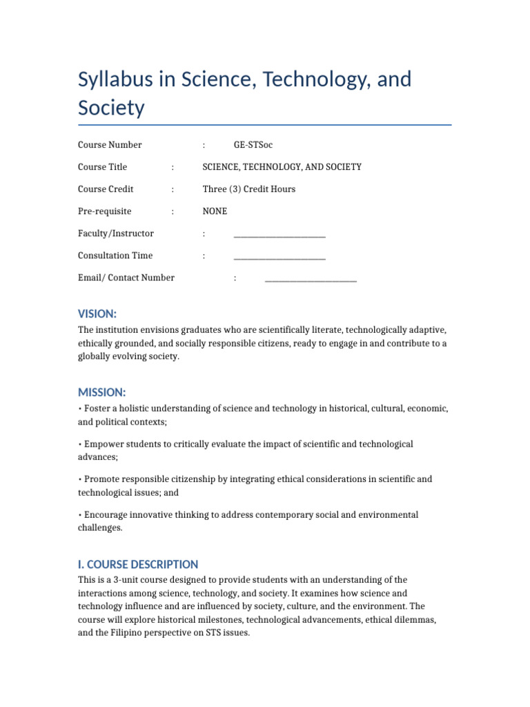 STS Syllabus FullFormat | PDF | Academic Integrity | Science