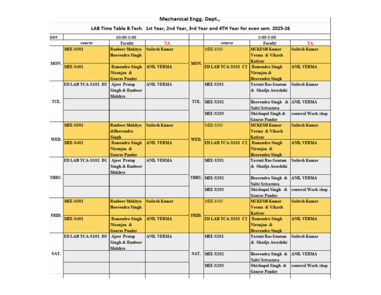 Btech Lab Time Table | PDF