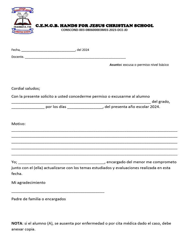 Formato de Excusas 2024 | PDF