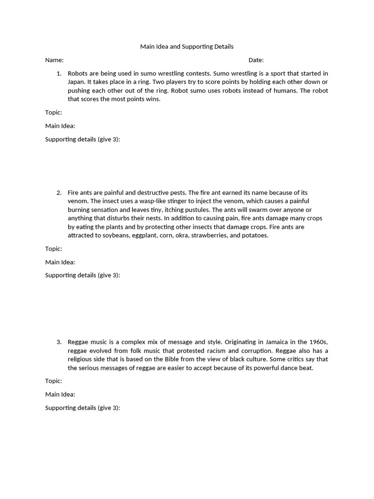 Main Idea and Supporting Details | PDF