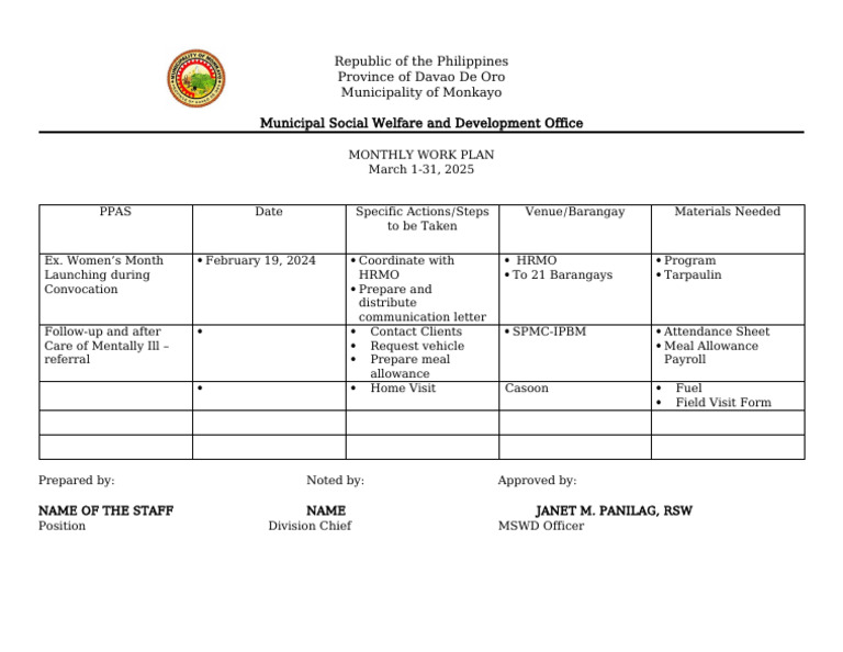 Monthly Work Plan | PDF