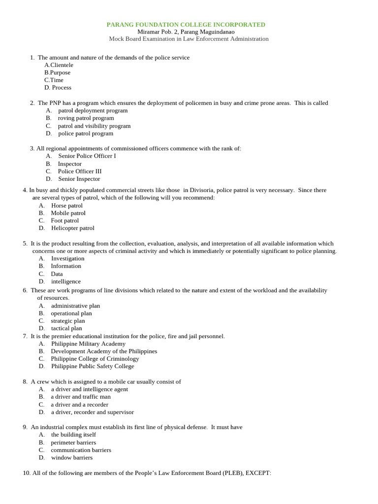Mock Board Exam in Law Enforcement | PDF | Police | Police Officer